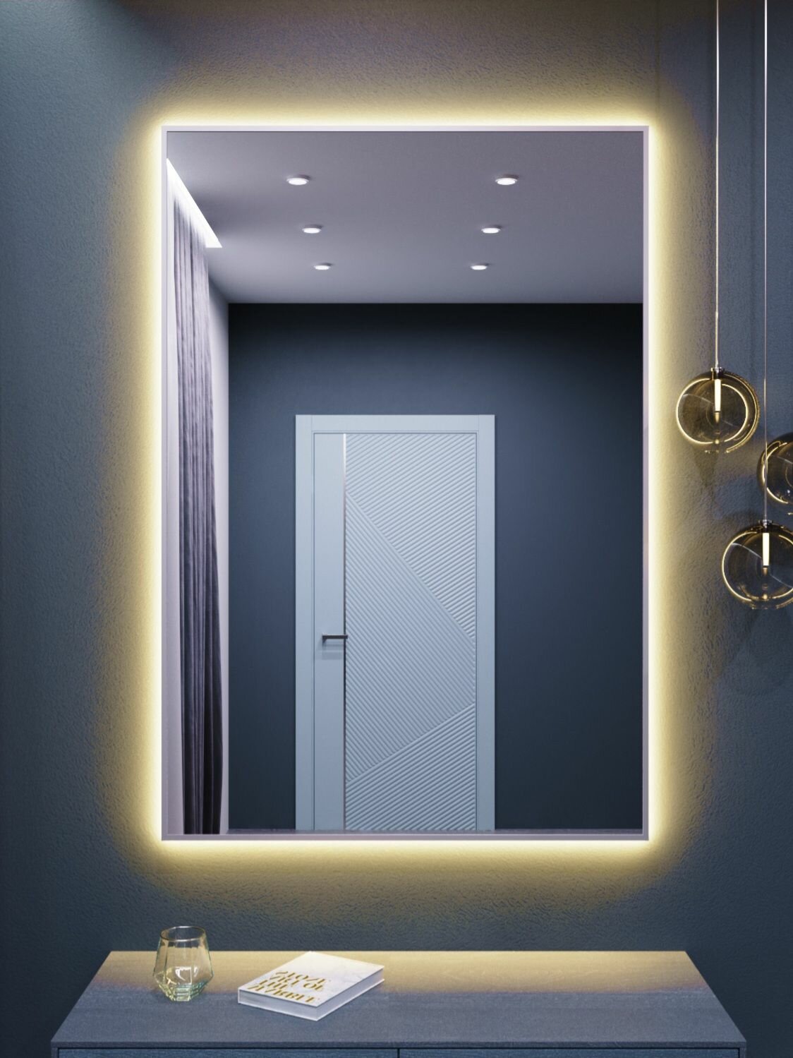 Зеркало в ванную 120х80 см. серебро с подсветкой. Свет: Теплый белый 3000К. В алюминиевой раме настенное MOONRISE