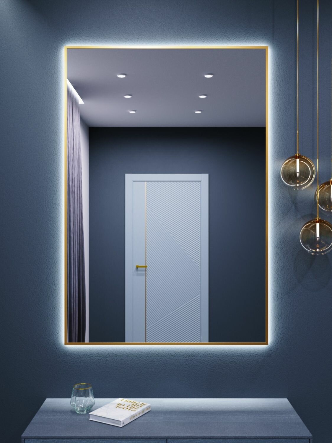 Зеркало в ванную 120х80 см. золото с подсветкой. Свет: Холодный белый 6000К. В алюминиевой раме настенное MOONRISE