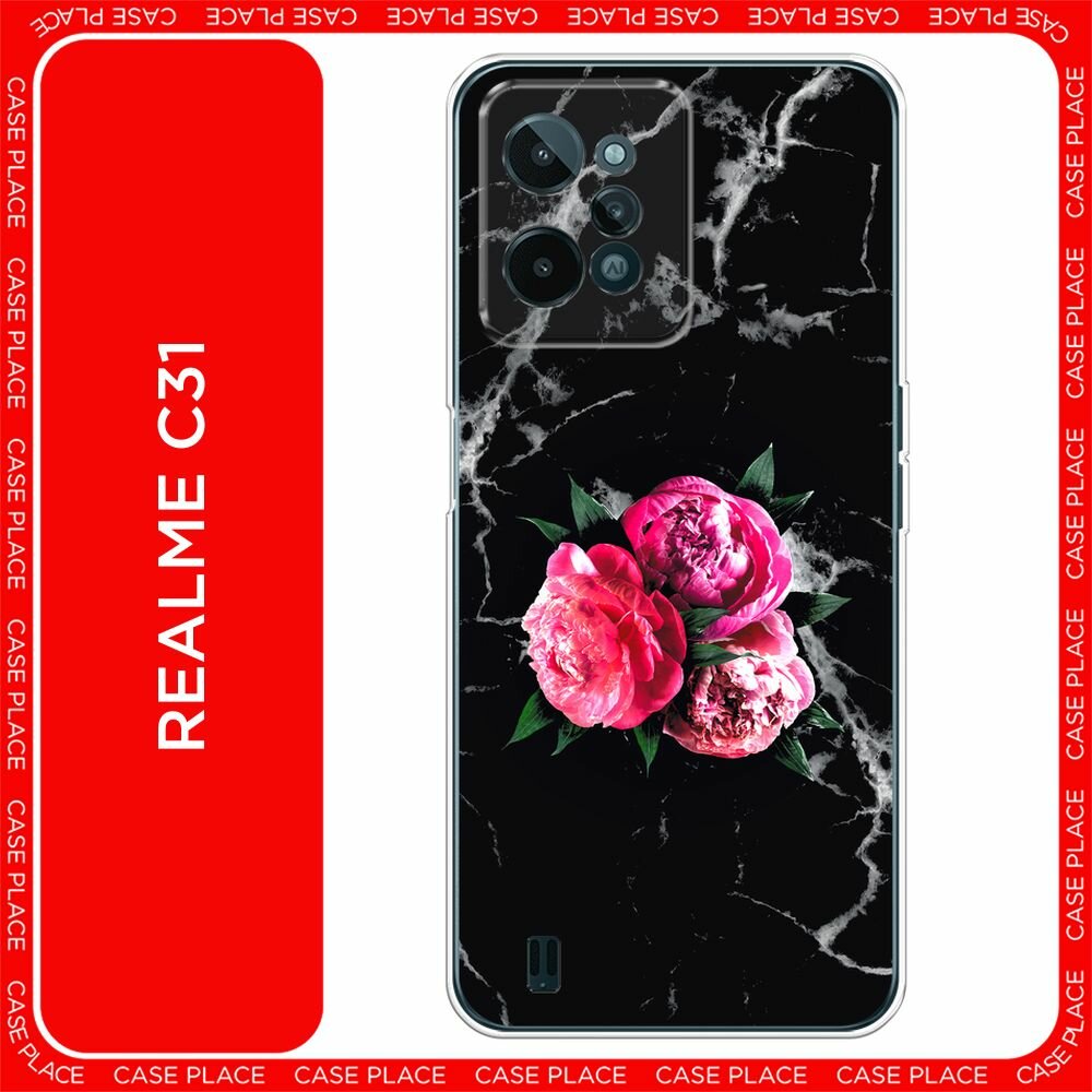 Чехол на Realme C31 / Реалми C31 с принтом "Букет на черном мраморе"