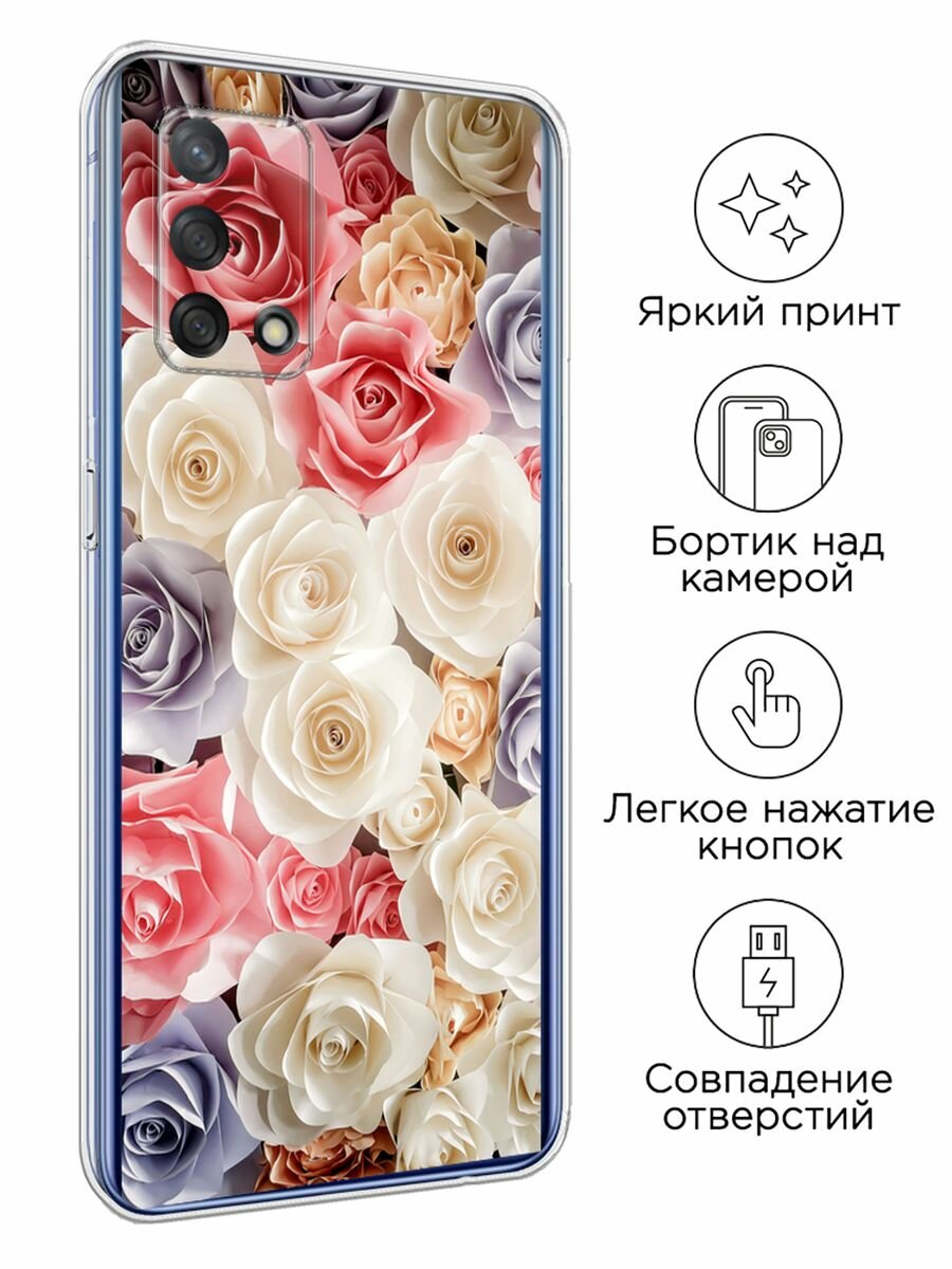 Силиконовый чехол на Oppo A74 / Оппо A74 с принтом "Пастельные розы" — фото 1