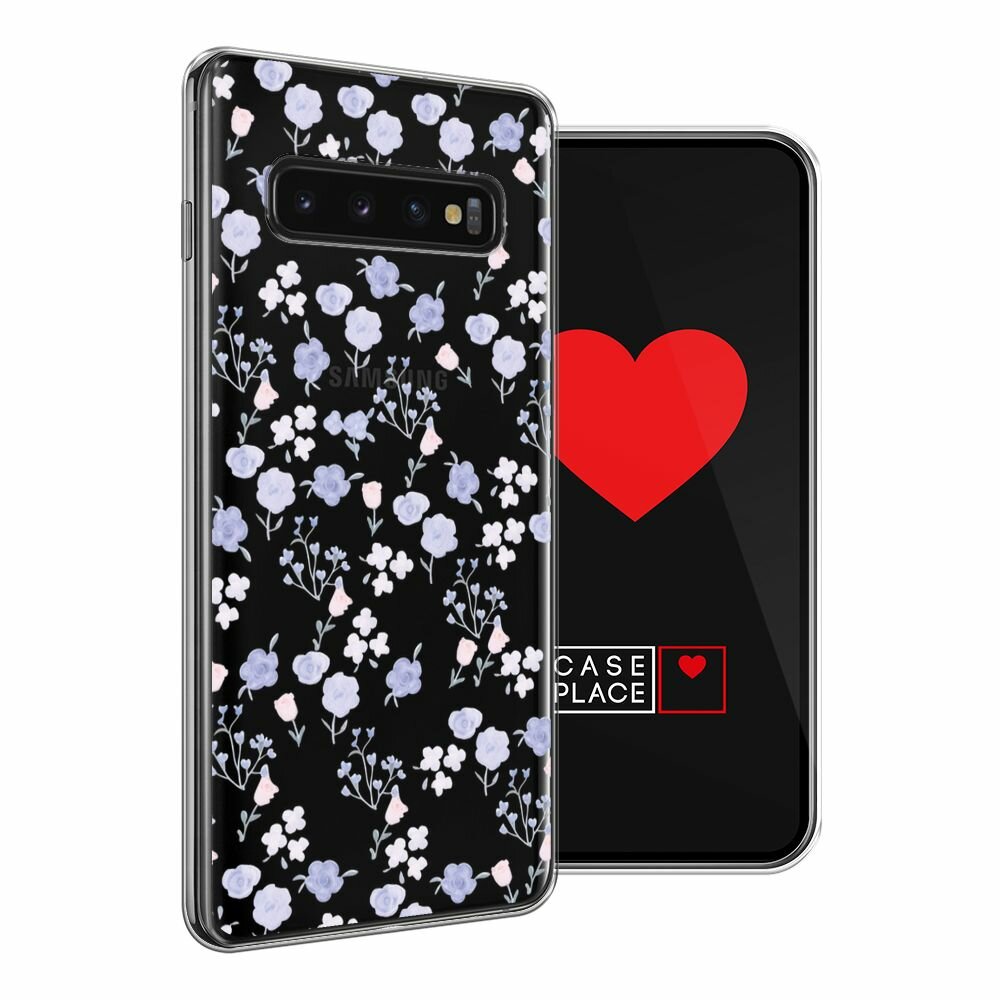Чехол на Samsung Galaxy S10 + / Самсунг Галакси S10 Плюс с принтом "Сиреневые розы паттерн", прозрачный — фото 1