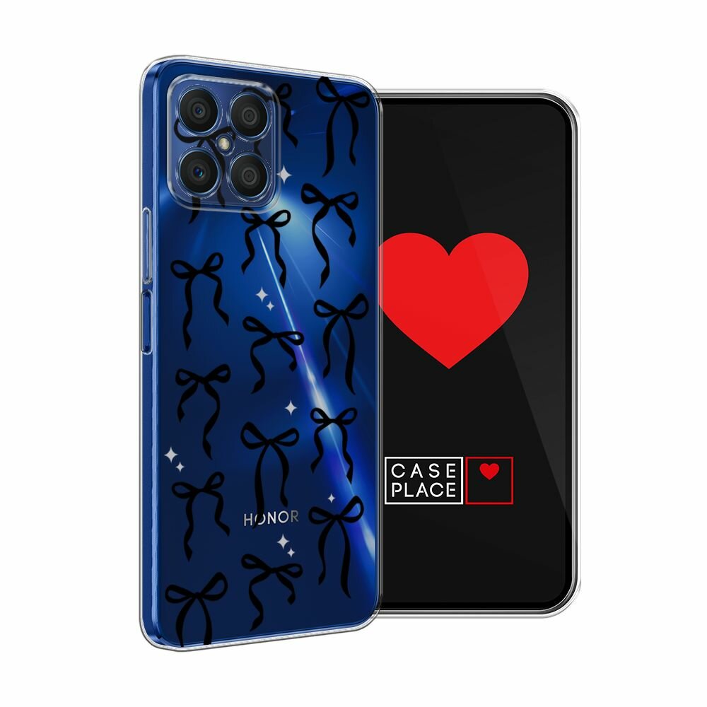 Чехол на Honor X8 / Хуавей X8 с принтом "Black bows", прозрачный — фото 1