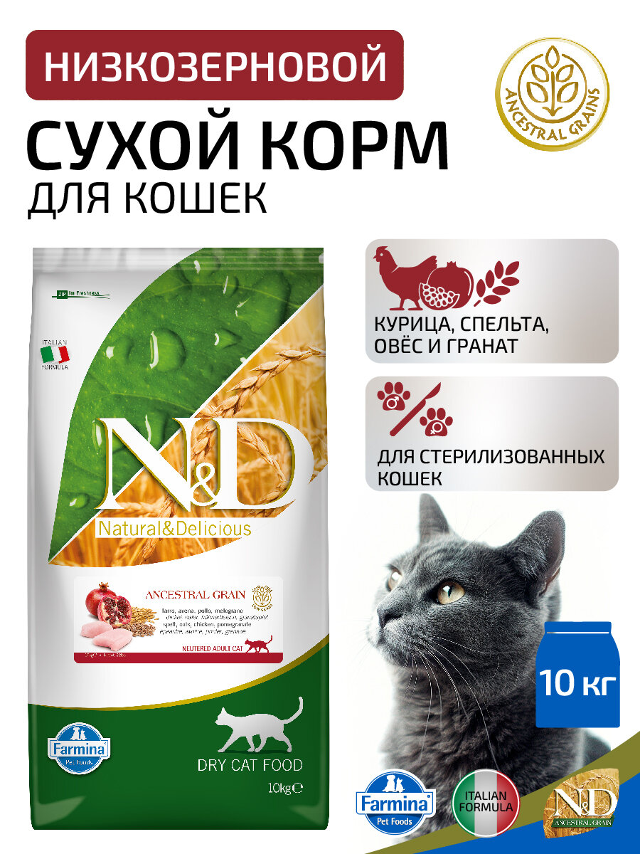 Сухой низкозерновой корм для стерилизованных кошек Farmina N&D Ancestral Grain, курица и гранат, 10 кг