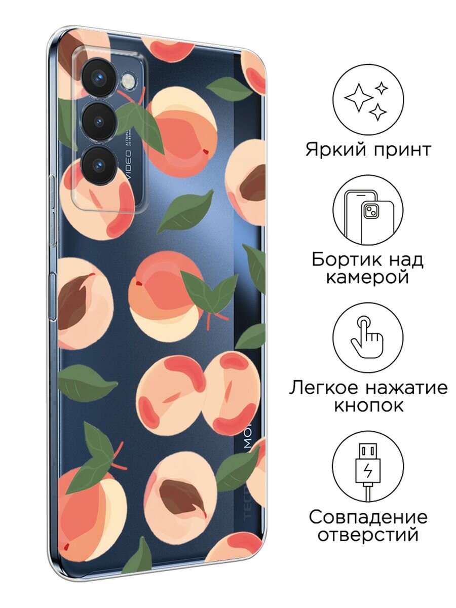 Чехол на Tecno Camon 18P / Техно Камон 18Р с принтом "Нежные персики паттерн 2", прозрачный — фото 1
