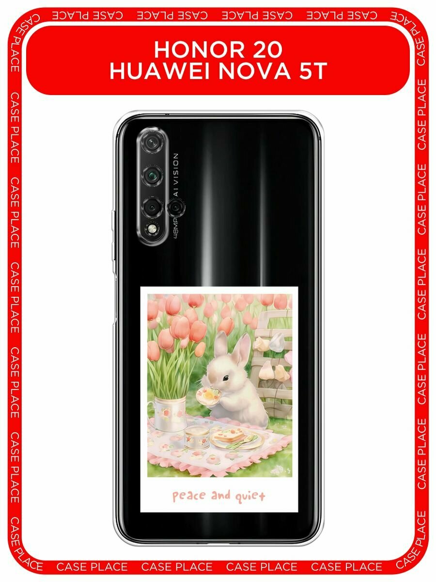 Чехол на Honor 20/Huawei Nova 5T / Хонор 20/Хуавей Нова 5Т с принтом "Кролик на пикнике", прозрачный