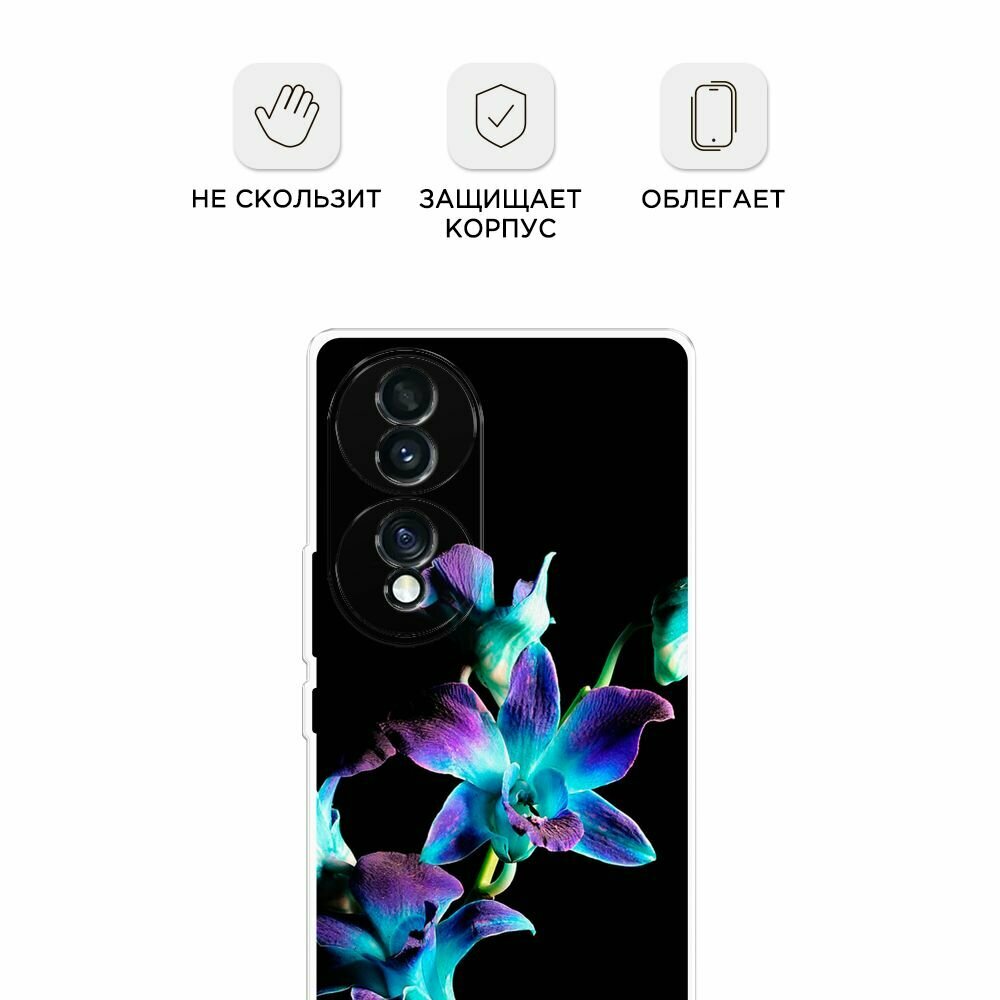 Чехол на Honor 70 / Хонор 70 с принтом "Синий цветок на черном" — фото 1
