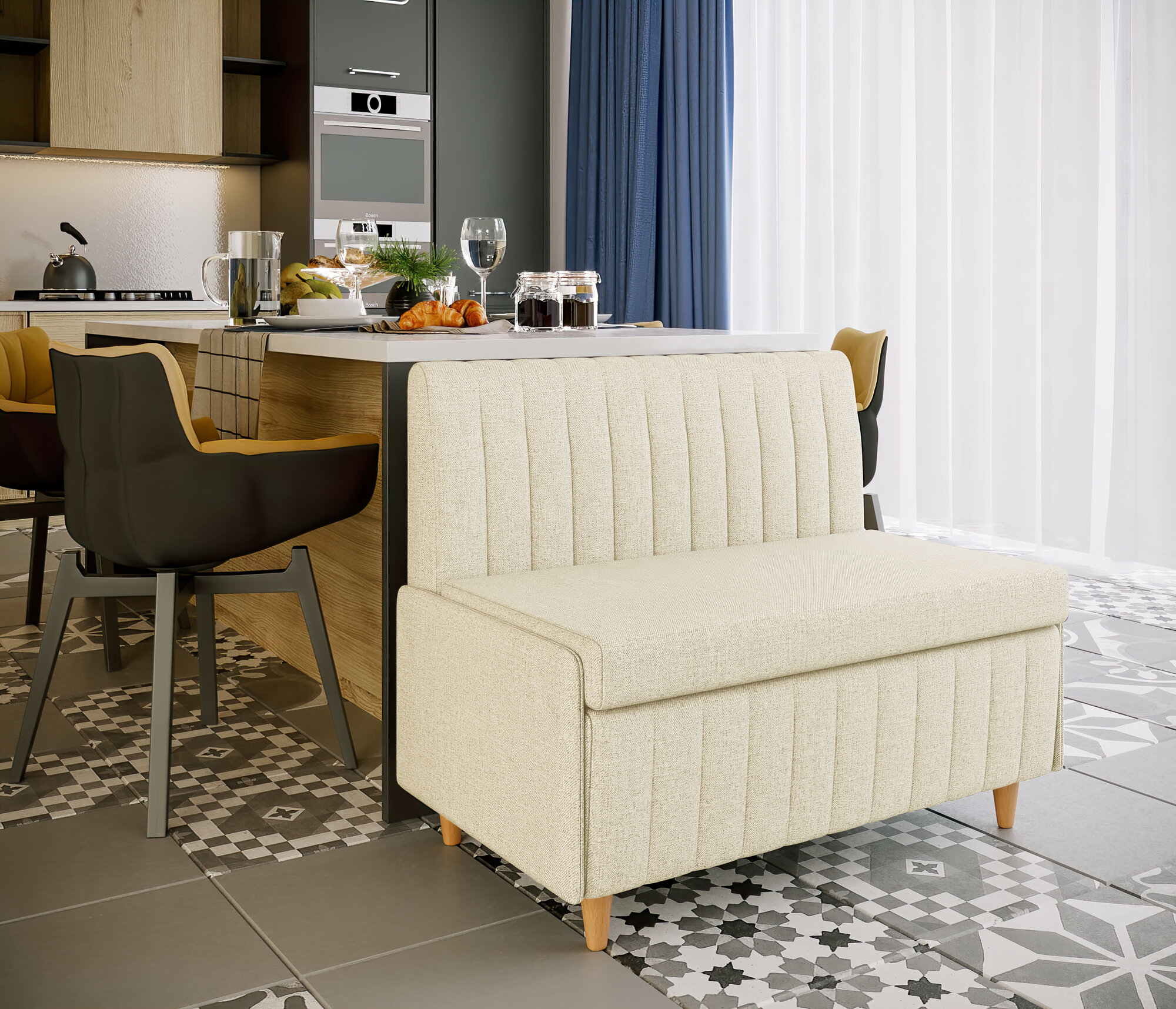 Прямой кухонный диван Мини, Саванна милк, рогожка белая, ППУ, с ящиком