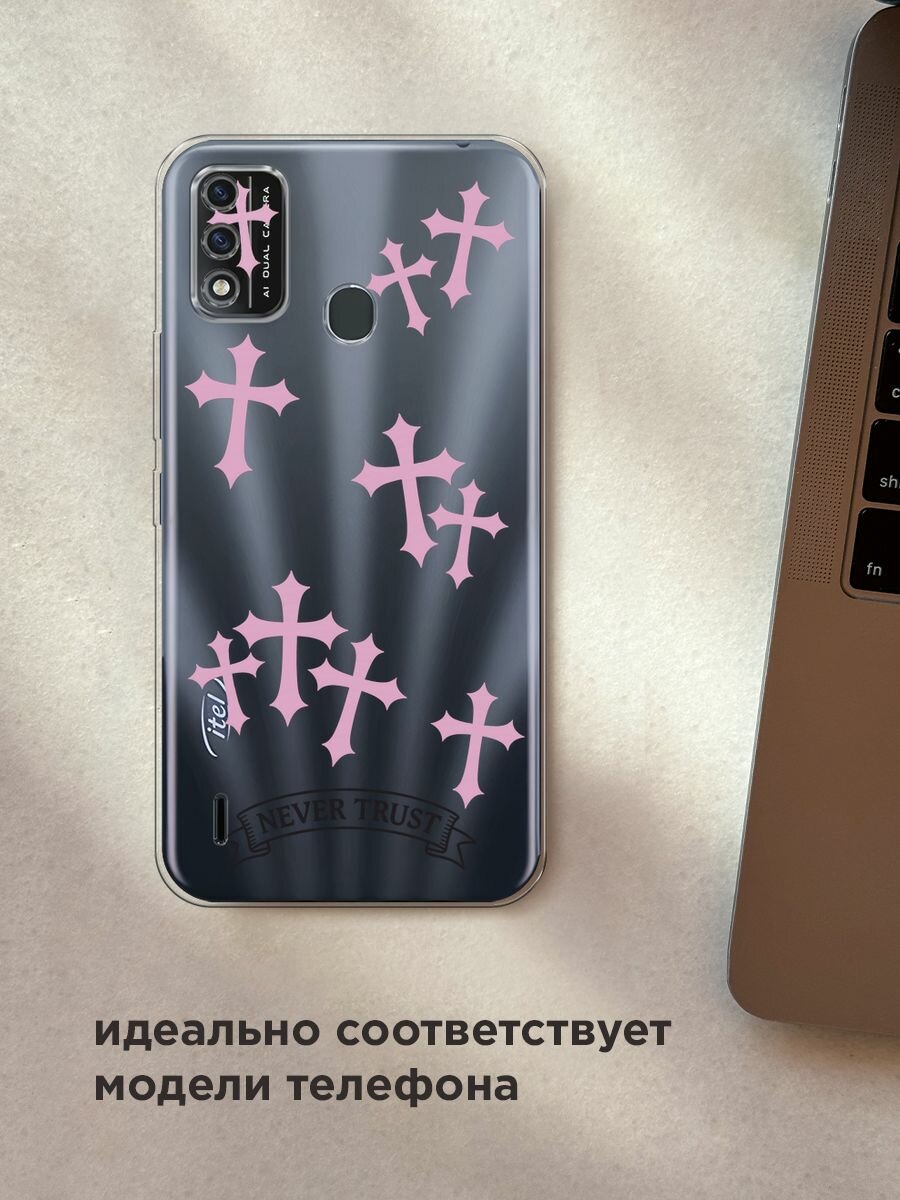 Чехол на Itel A48 / Ител А48 с принтом "Розовые кресты", прозрачный — фото 1