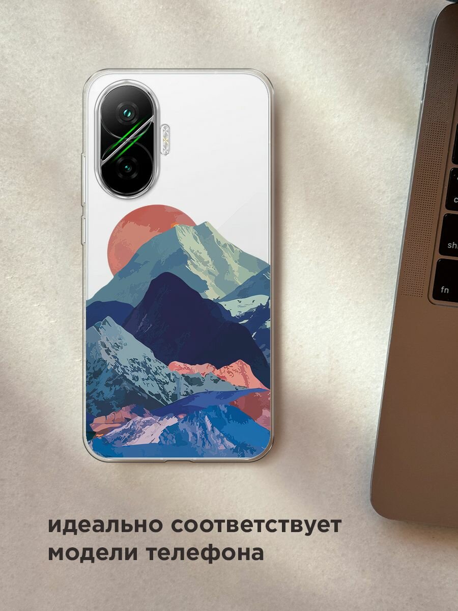 Чехол на Poco F7 / Поко F7 с принтом "Закат в снежных горах", прозрачный — фото 1