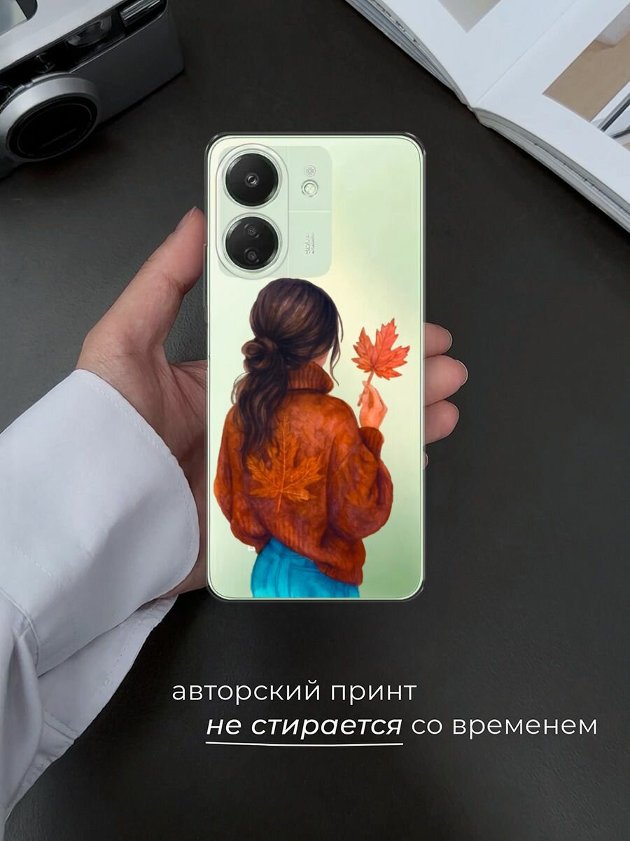 Чехол на Xiaomi Redmi 13C/Poco C65 / Сяоми Редми 13C/Поко С65 с принтом "Девушка с опавшим листом", прозрачный — фото 1