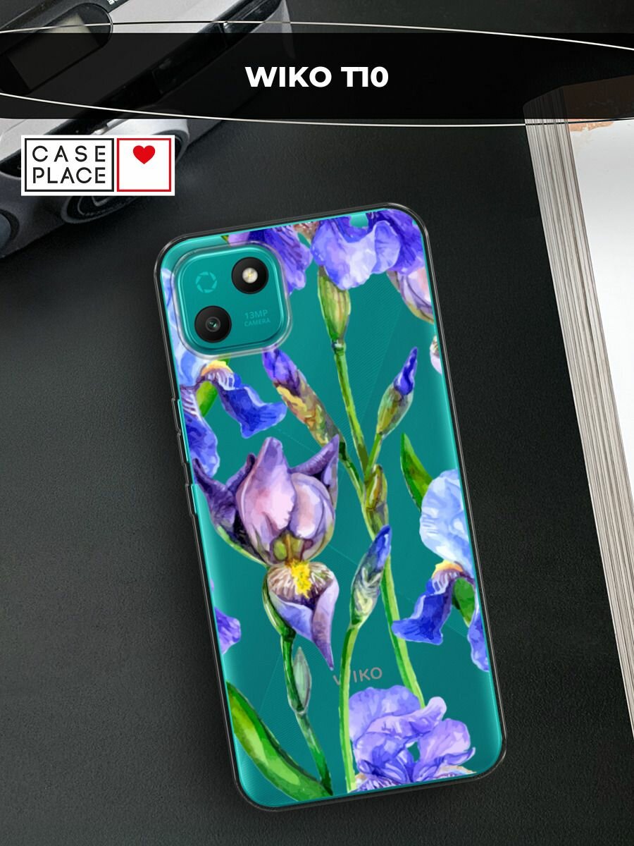 Чехол на Wiko T10 / Вико Т10 с принтом "Синие ирисы", прозрачный