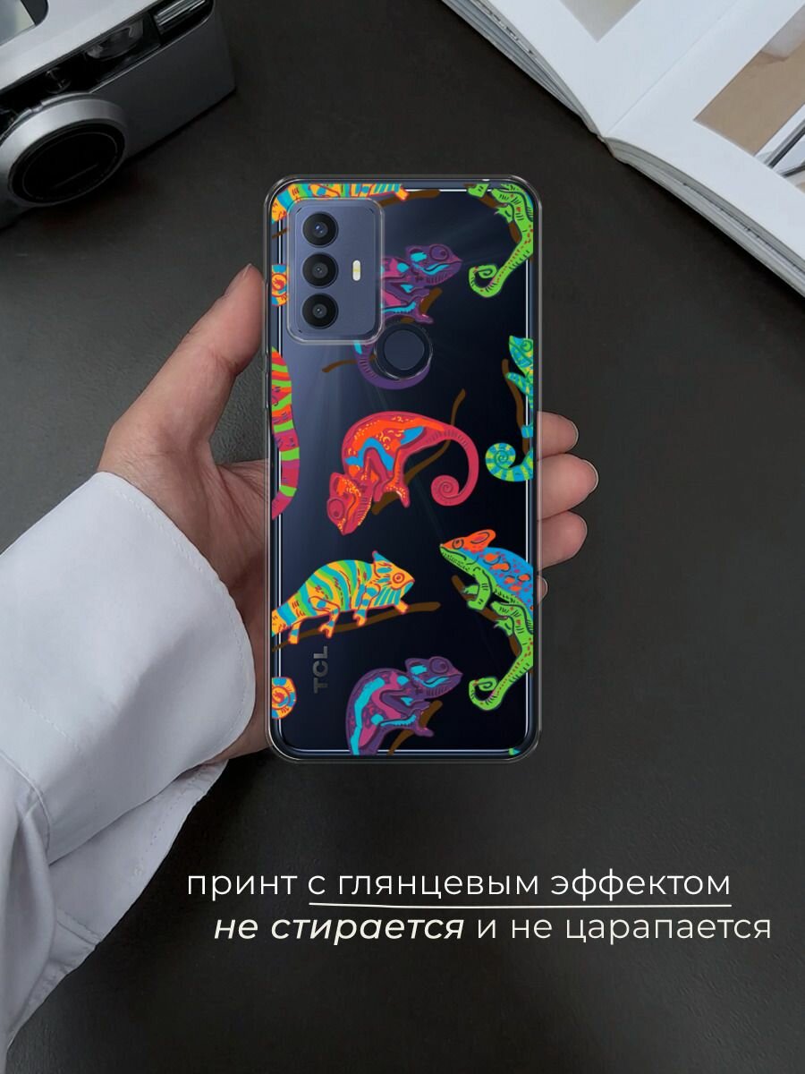 Чехол на TCL 30E/30 SE/305/306 / ТСЛ 30E с принтом "Яркие хамелеоны" — фото 1