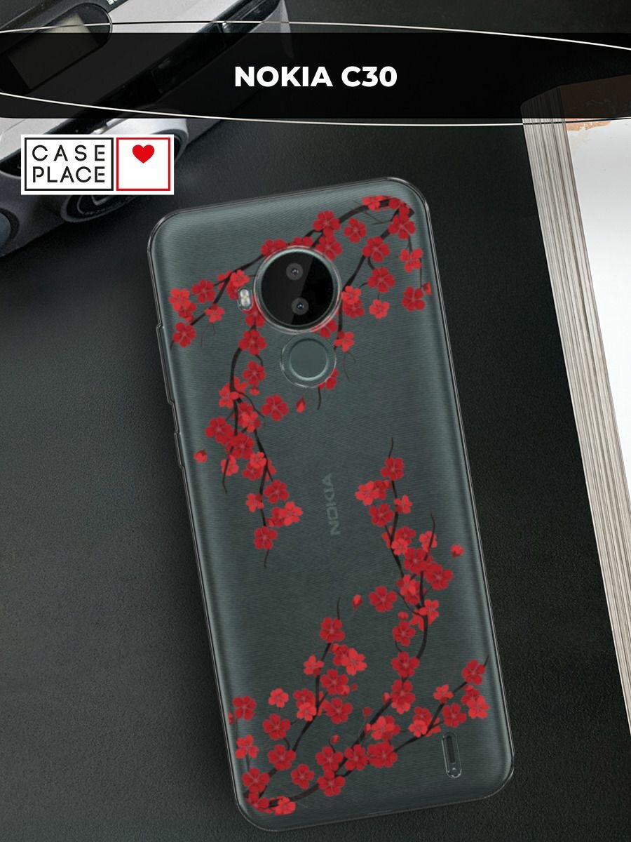 Чехол на Nokia C30 / Нокия C30 с принтом "Красная сакура", прозрачный