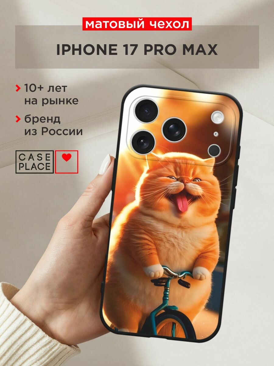 Черный матовый чехол на Apple iPhone 17 Pro Max / Айфон 17 Про Макс с принтом "Кот на велике"