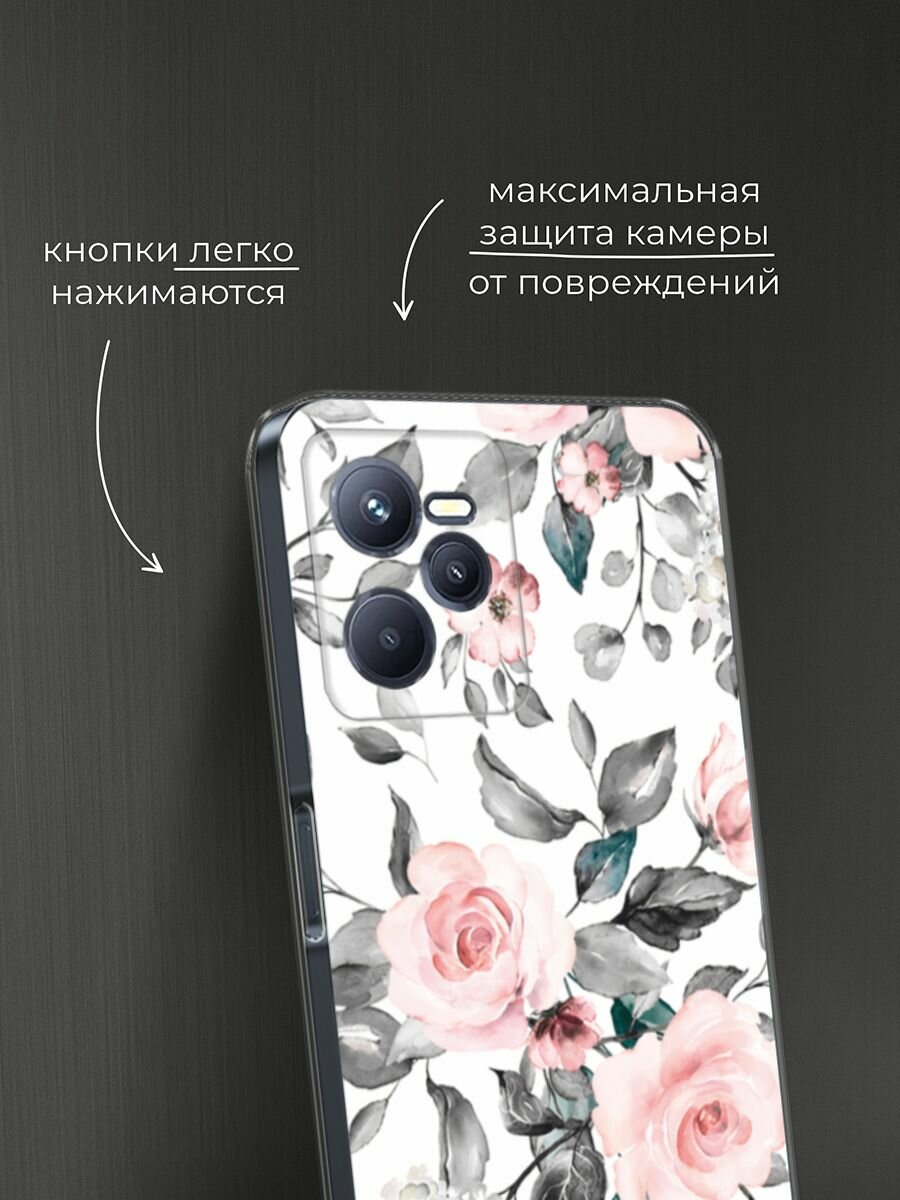 Силиконовый чехол на Realme C35 / Реалми C35 с принтом "Розы на белом" — фото 1