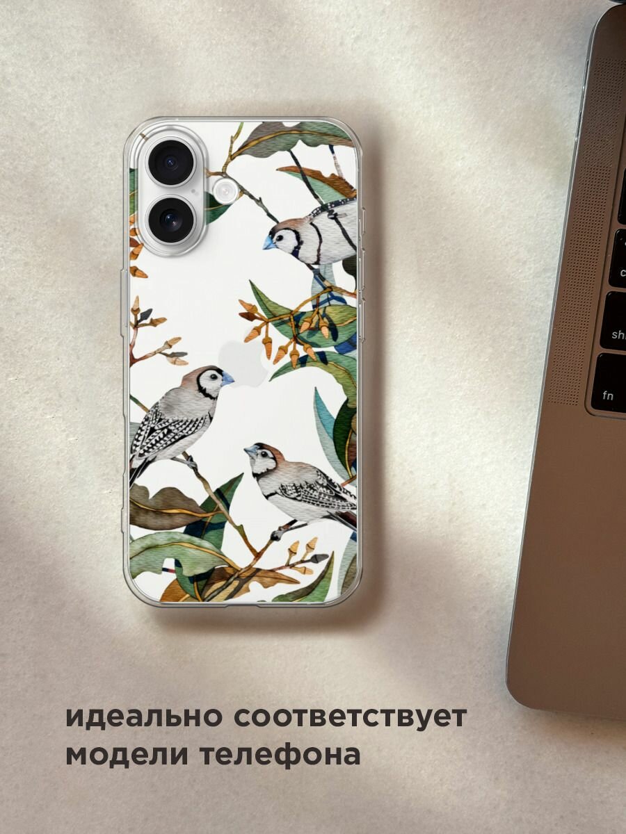 Чехол на Apple iPhone 17 / Айфон 17 с принтом "Птицы в листве", прозрачный — фото 1
