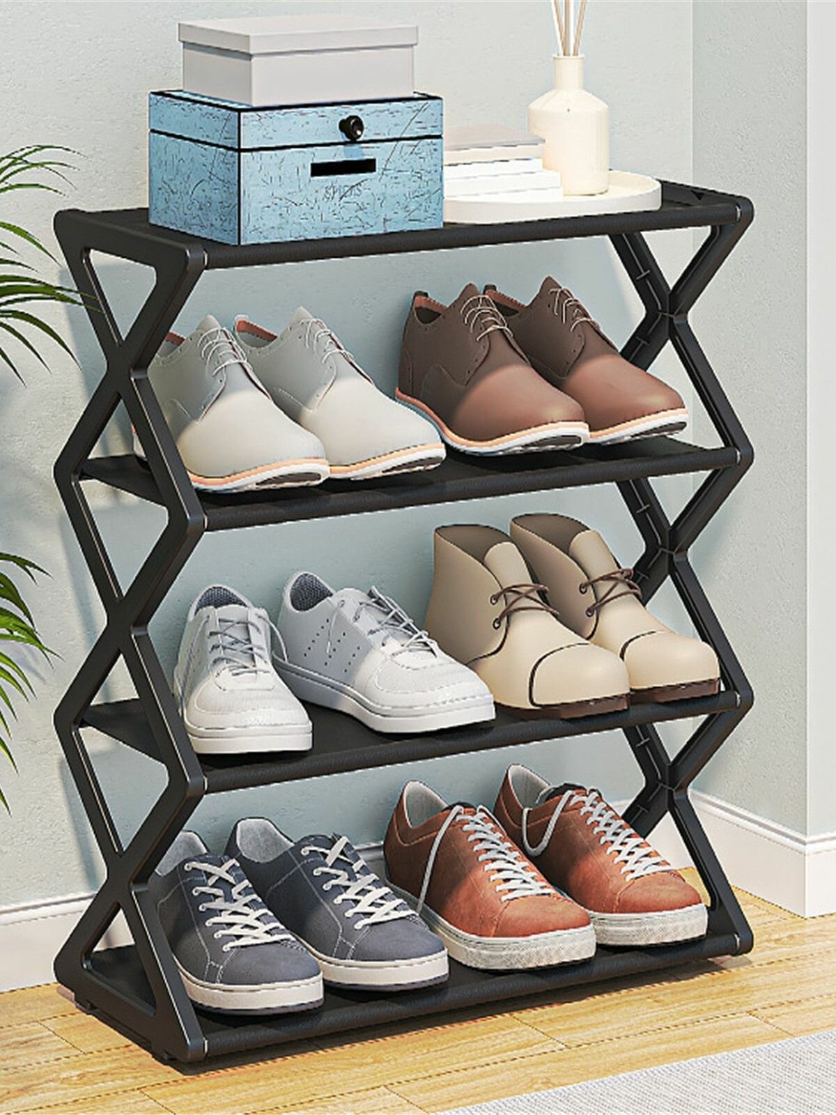 Многослойная водонепроницаемая подставка для обуви Х-образная, компактная напольная полка для прихожей, простой дизайн, быстрая сборка, хранение кроссовок и тапок, черно-белая