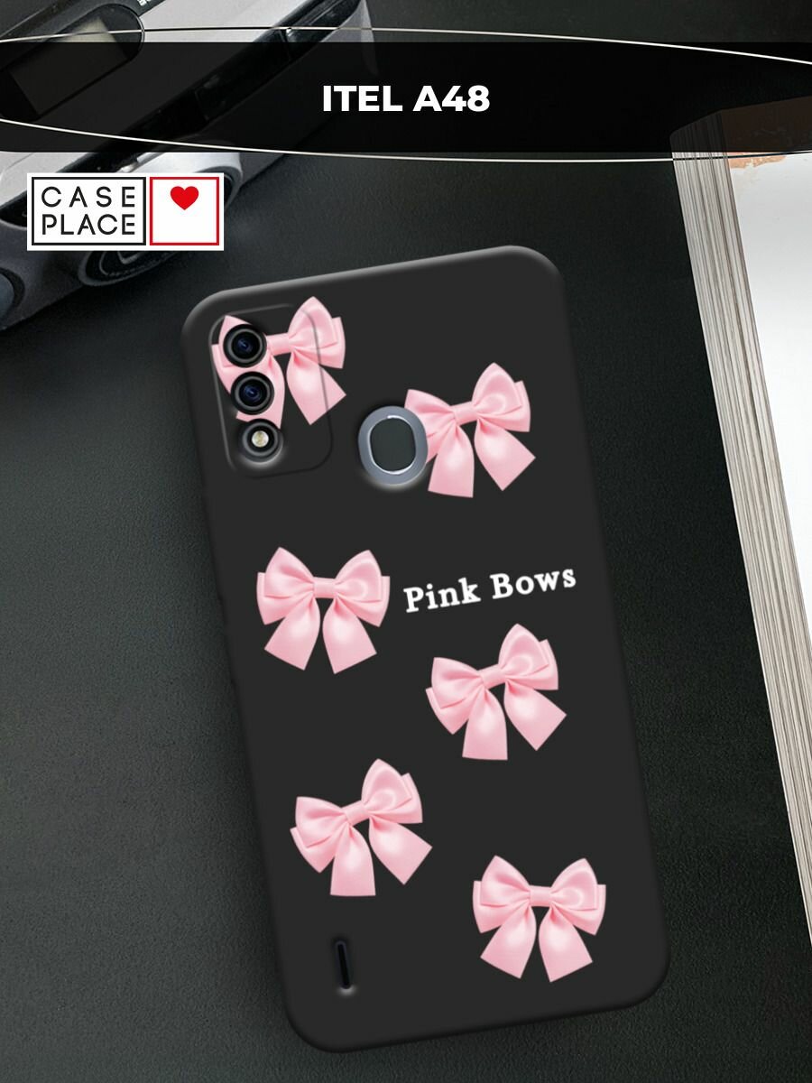 Черный матовый чехол на Itel A48 / Ител А48 с принтом "Pink Bows 2"