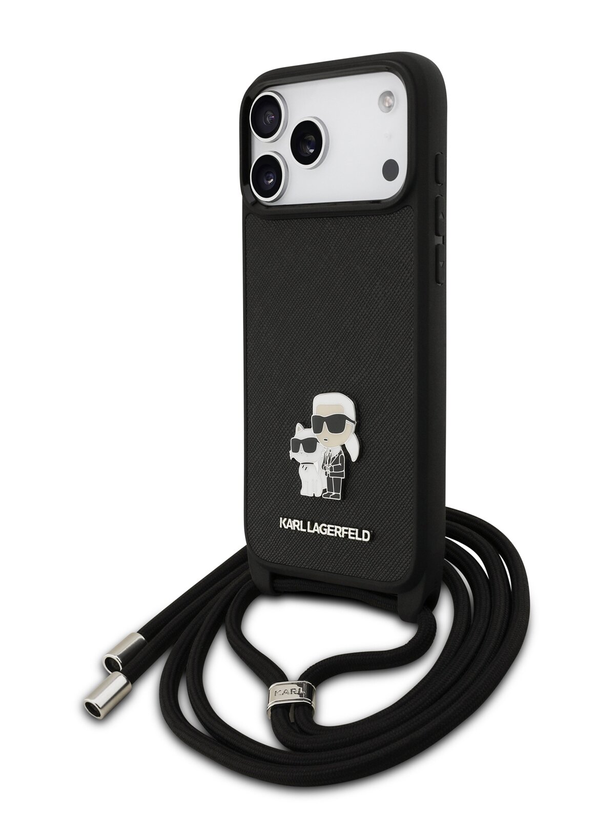 Karl Lagerfeld чехол для iPhone 17 Pro, кросс-боди со шнурком, из экокожи Saffiano, NFT Karl & Choupette, черный