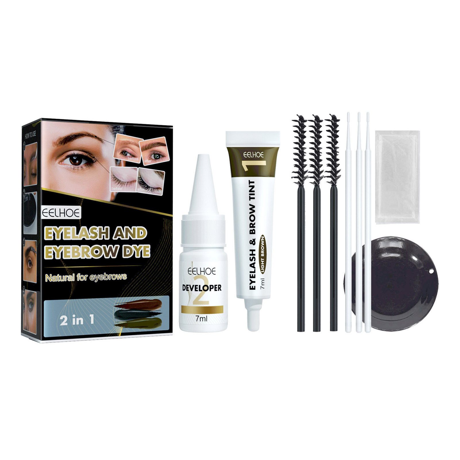 EELHOE Professional Series Eyelash & Brow Tint Dye Natural Long-lasting Semipermanent DIY Makeup Kit, Color: 1#Coffee, 2#Brown, 3#Black (optional), Net Content: Developer: 7ml, Eyebrow Tint: 7ml, Package Weight: 65g, Package Size: 105 * 65 * 30mm,