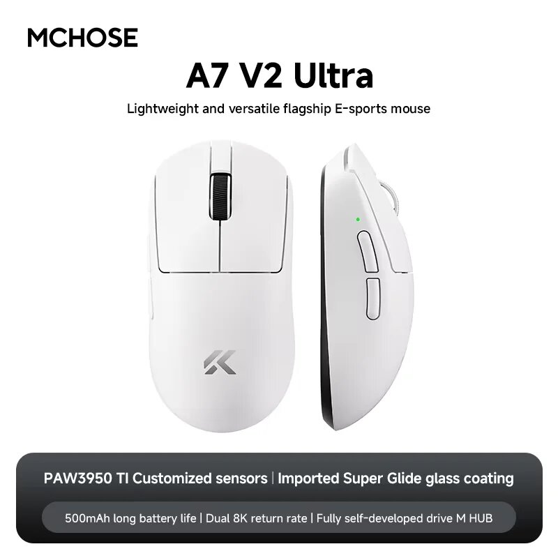 MCHOSE A7 V2 Ultra Gaming Mouse PAW3950Ti Super Sensor 20000FPS Точность отслеживания 8 кГц Скорость покатания Низкая задержка Super Glide, A7V2-Ultra-8K-White