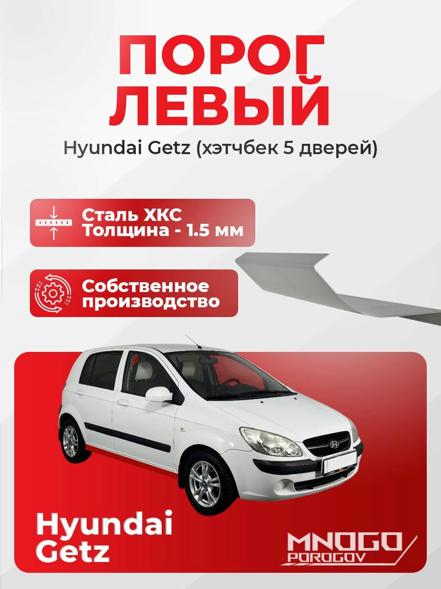Левый порог на Hyundai Getz 2002-2011 хетчбэк 5 дверей, холоднокатаная сталь, толщина 1.5 мм (Гетц 1), левая сторона, кузовной ремонт.