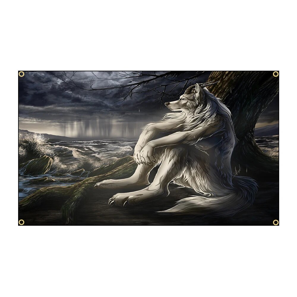 Эмо белый волк флаг из полиэстера 90x150cm, 4 Grommets