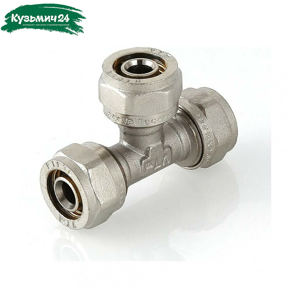 Тройник обжимной, Valtec 331 20х20х16 мм, переходной, с накидной гайкой, латунь никелированная