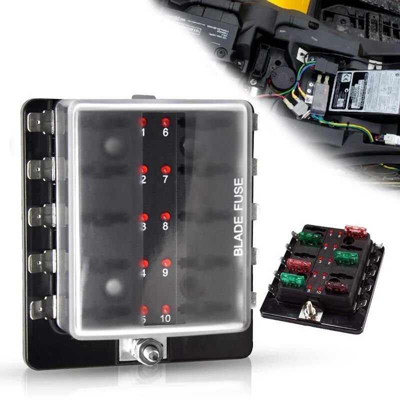 Блок предохранителей с 10-ходовым лезвием, 12-32 В, светодиодный блок предохранителей с подсветкой для автомобилей, лодок, морских мотороллеров, Предупреждение ющий светильник