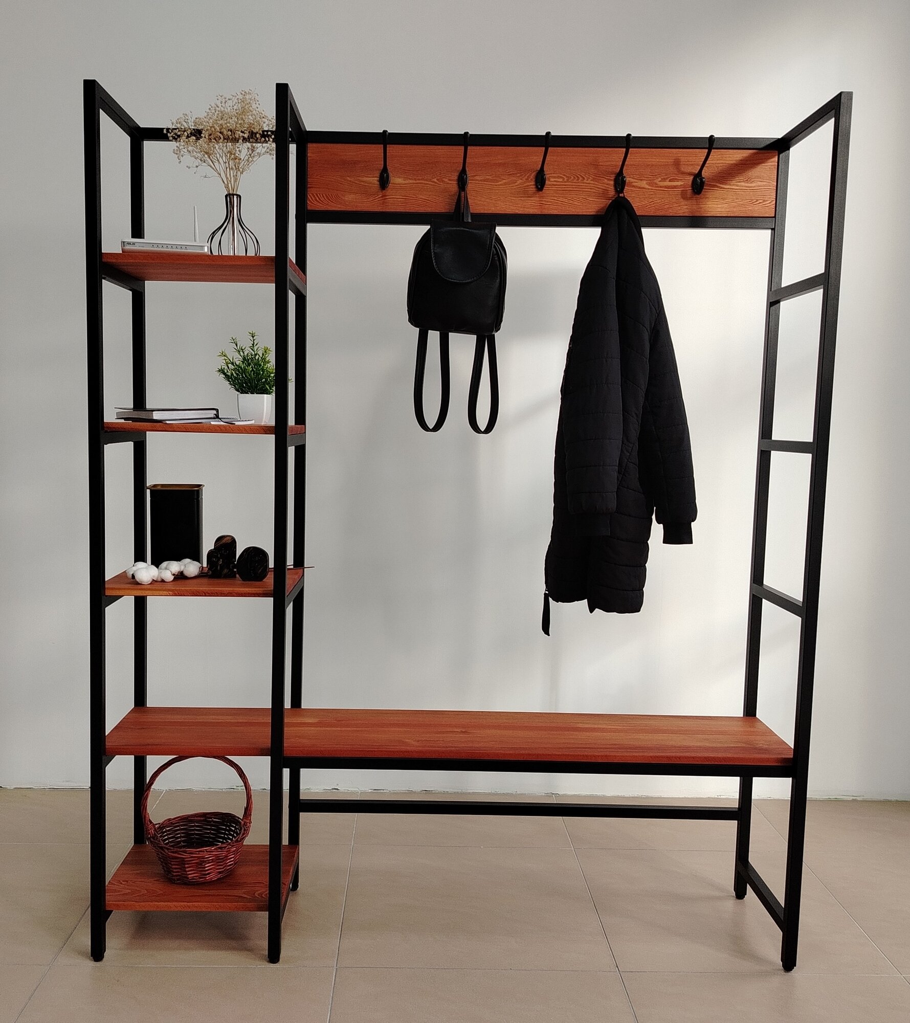 Прихожая LOFT DESING, универсальная/ металлическое основание / массив дерева / 180х150х35 см