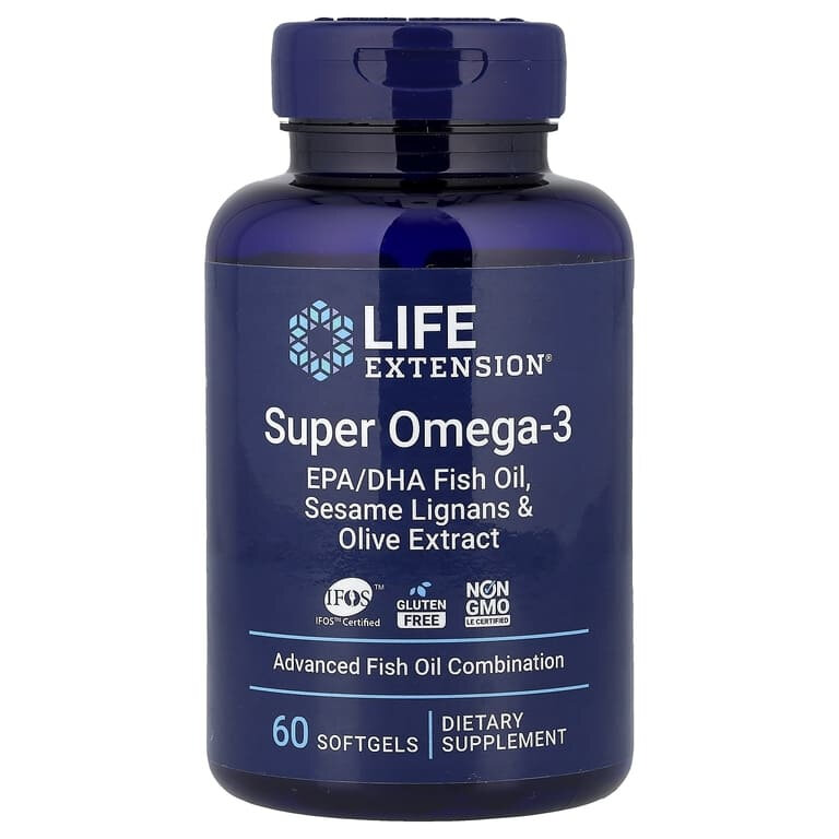 Life Extension Super Omega-3, Супер Омега-3 из рыбьего жира с ЭПК/ ДГК, с лигнанами кунжута и экстрактом оливы 60 гелевых капсул