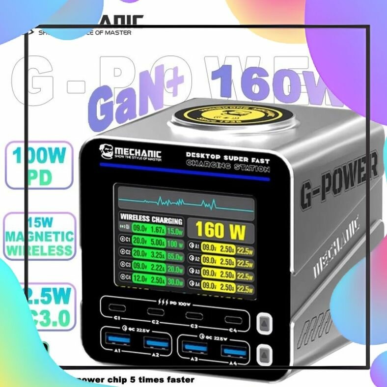 Механик G-POWER 160 Вт 8 портов GaN настольный зарядный инструмент расширения, цифровой дисплей