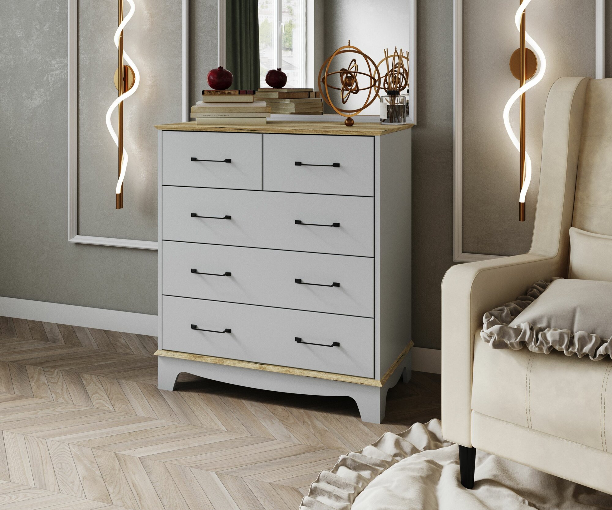 Комод Валенсия (корпус) дуб делано/камень серый + (фасад) светло-серый (Микон)