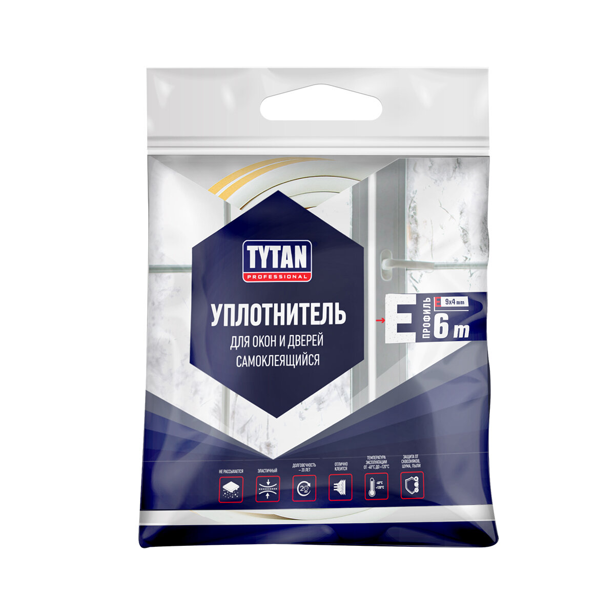 Уплотнитель для окон и дверей Tytan Е-профиль 9 x 4 мм, белый, 6 м, "Professional"