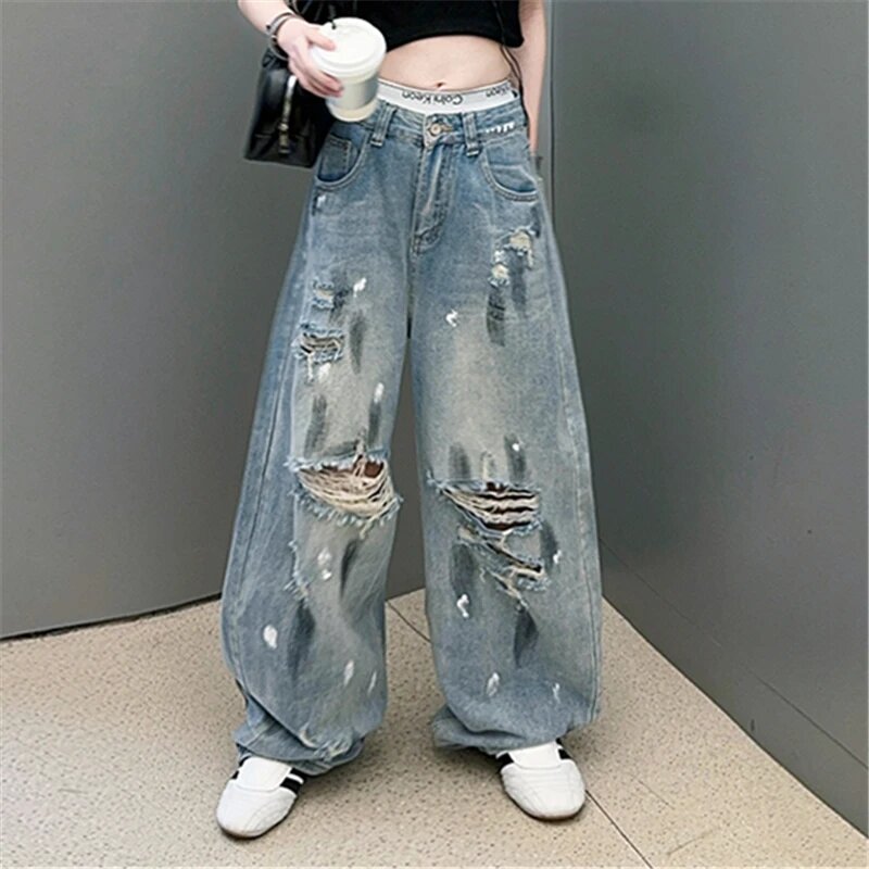 LI Mall бэгги для девочек хараджуку изорванные джинсы с рисунком уличные