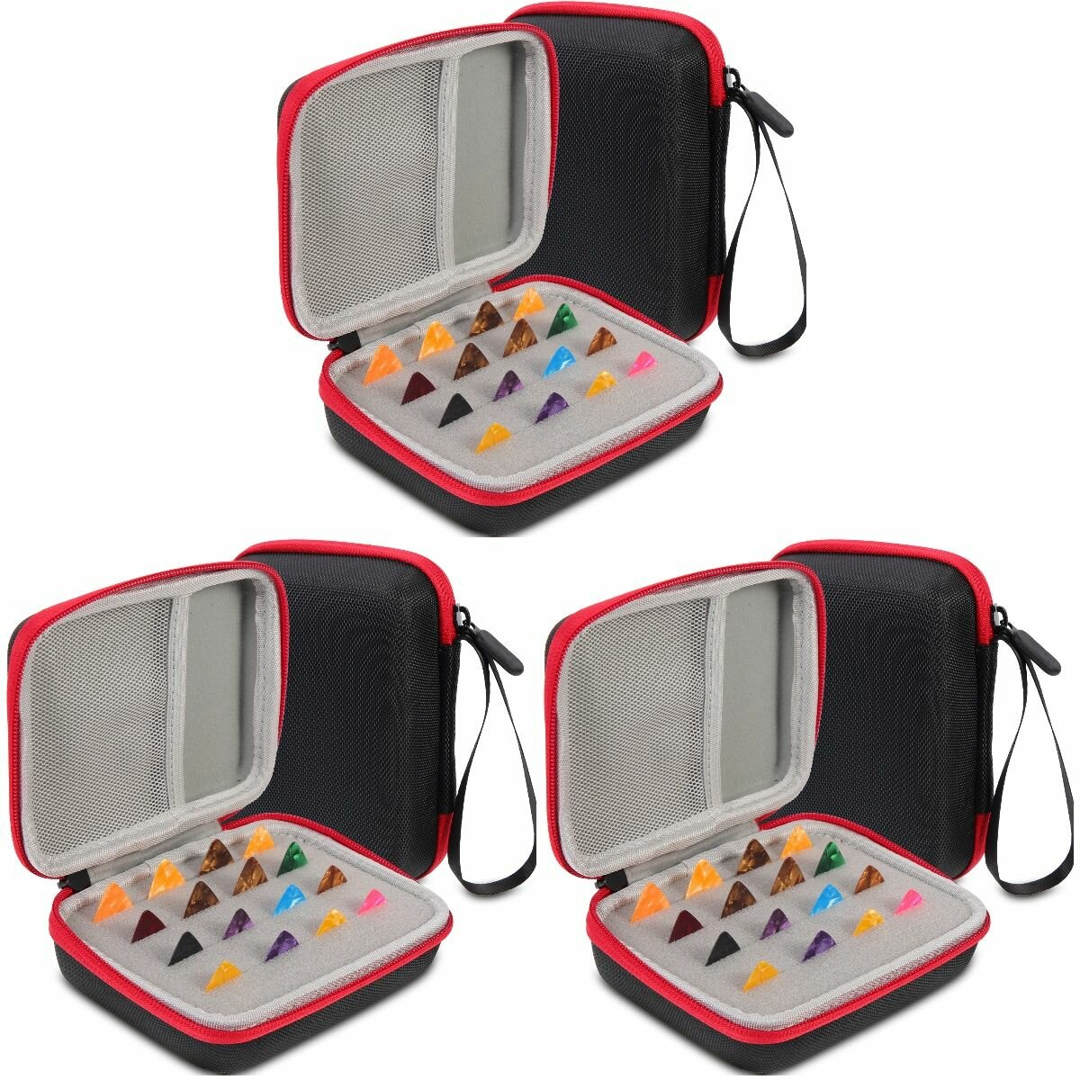 Практичный набор из 3 кейсов для хранения гитарных медиаторов с разноцветными медиаторами