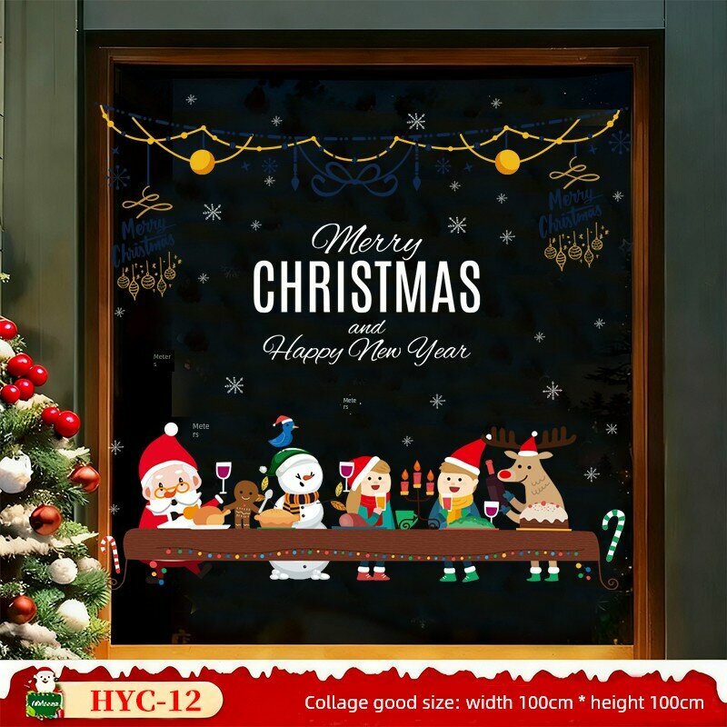 Новогодние стеклянные наклейки, статические наклейки, наклейки на окна с изображением Деда Мороза и елки, оформление