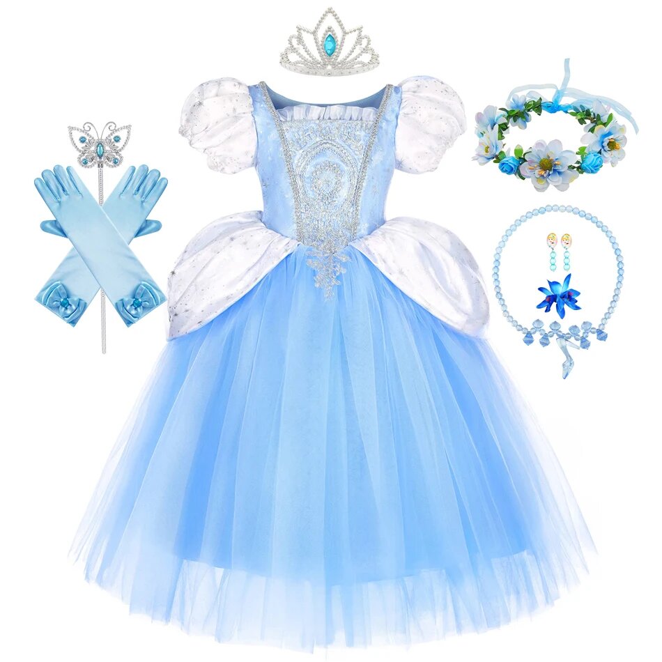 Платье Золушки на Хэллоуин, Рождество, кружевное бальное платье, праздничный костюм принцессы для девочек, детская одежда на день рождения, От 2 до 11 лет
