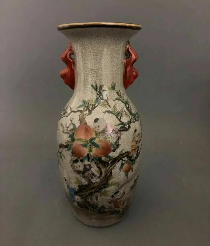 Старинная китайская ваза Crack Glazed Jiuzi Pantao Shoutao Painting