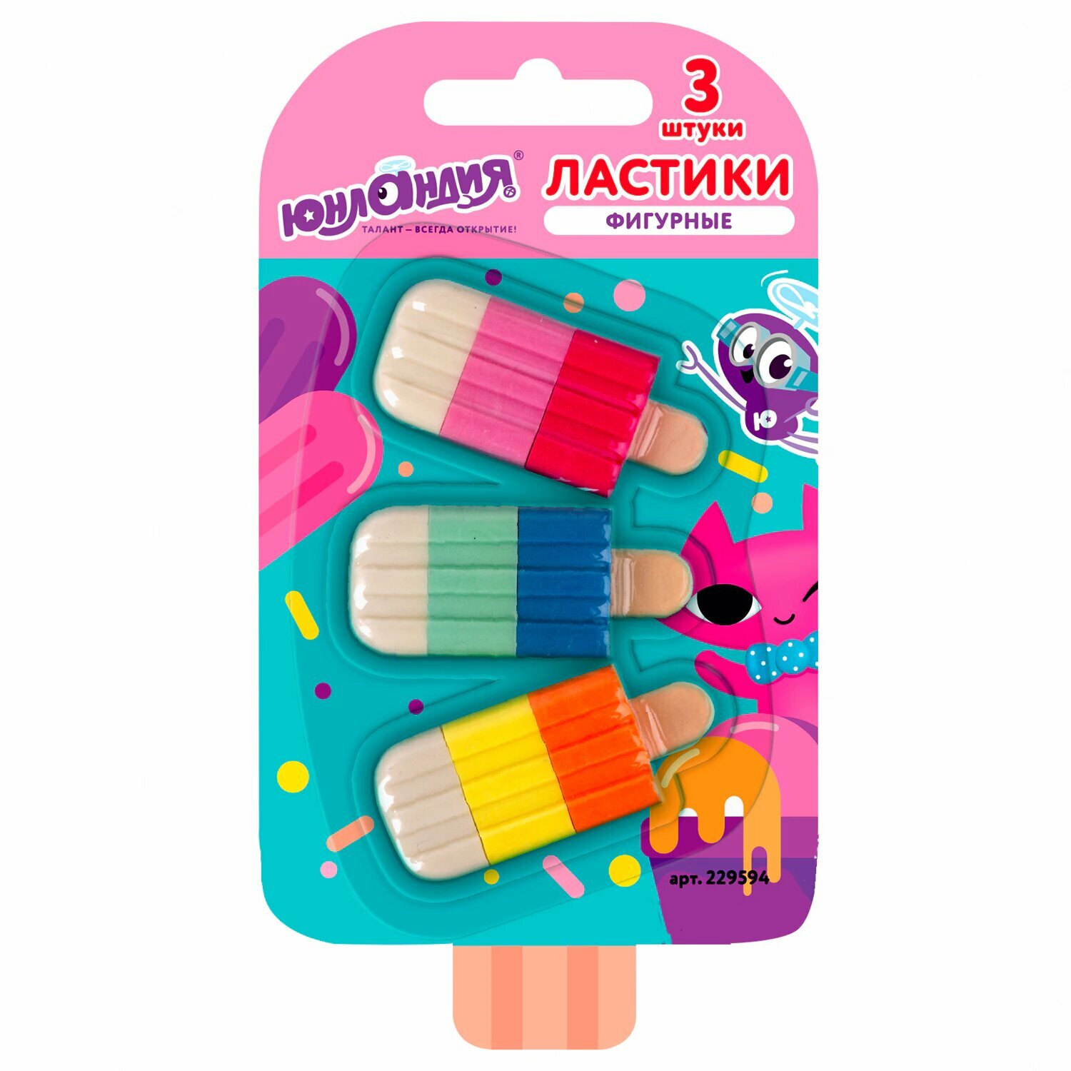 Набор ластиков фигурных юнландия "сладкие истории", 3 шт, ассорти, 229594, 2шт.
