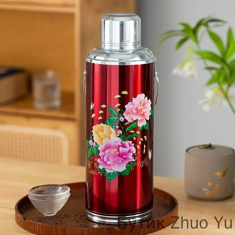 Термос С ручкой "красный глянец и цветок", 2 л