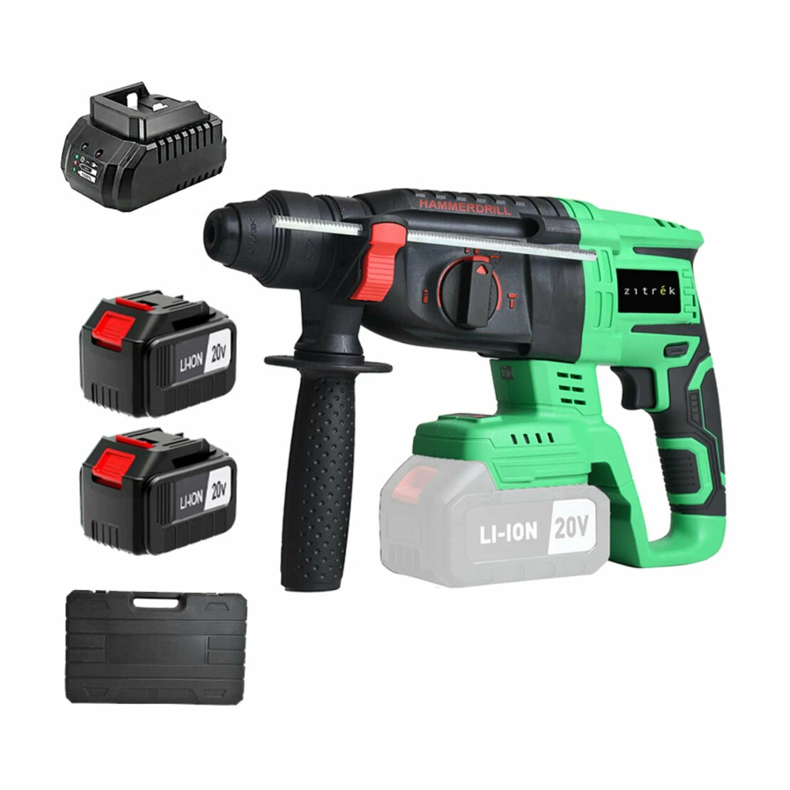 Аккумуляторный перфоратор Zitrek Destroyer Pro (063-4373), SDS-plus, Li-Ion, 2 Дж, 1400 об/мин, 4500 уд/мин, зеленый