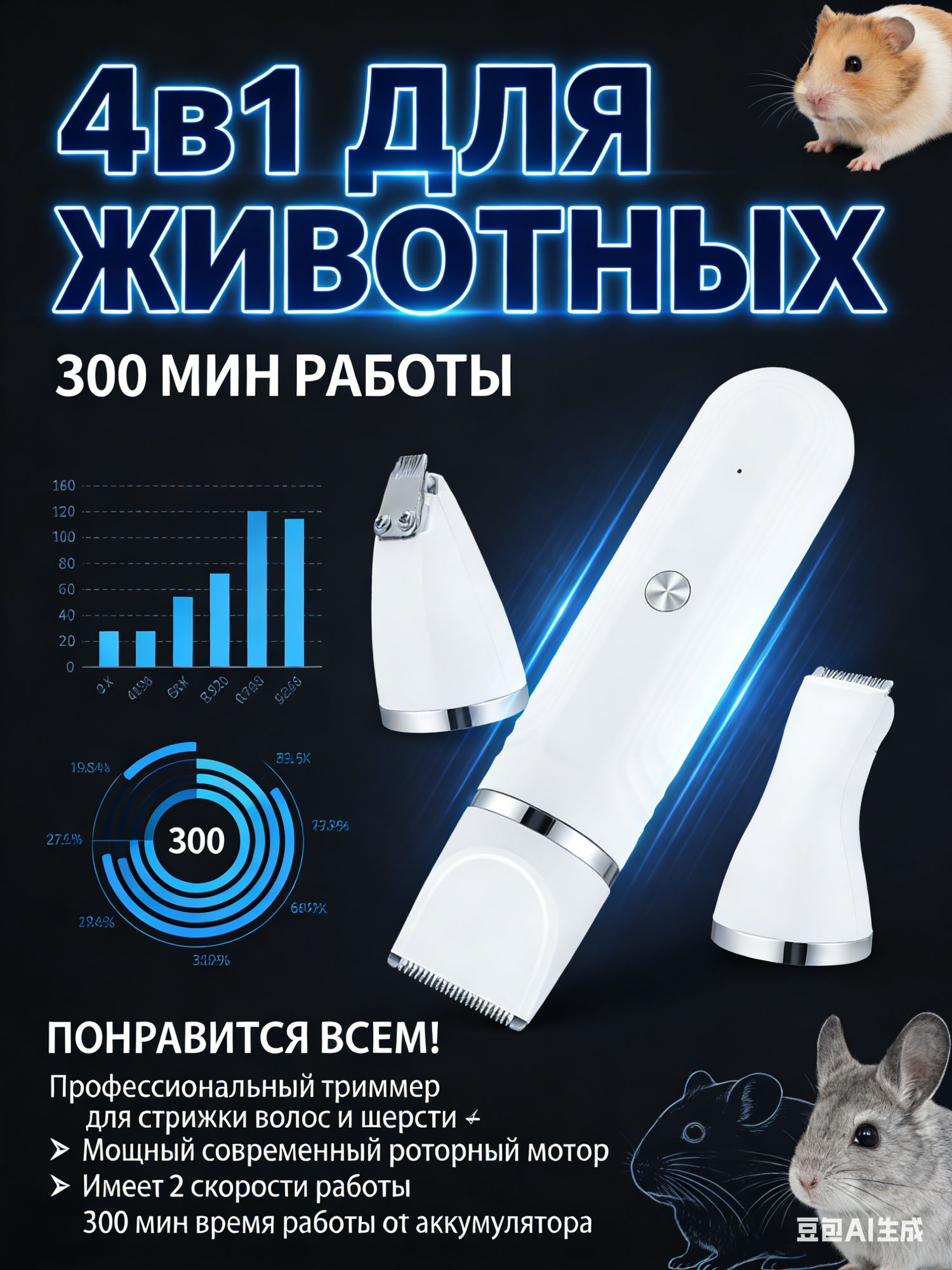 Машинка для стрижки собак и кошек Булка беспроводная профессиональная