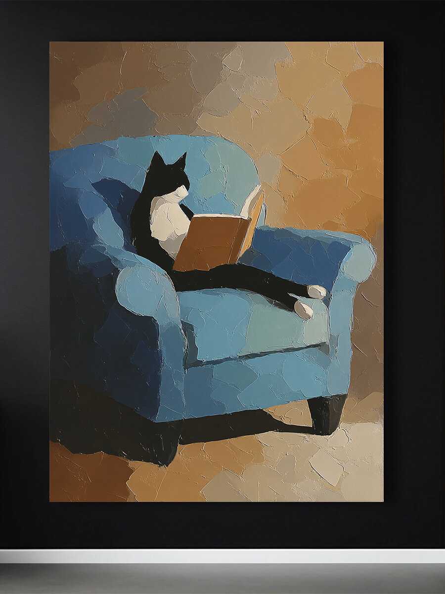 Картина интерьерная - "Кот читает книгу, прикольная картина на стену" , 40х60 см.