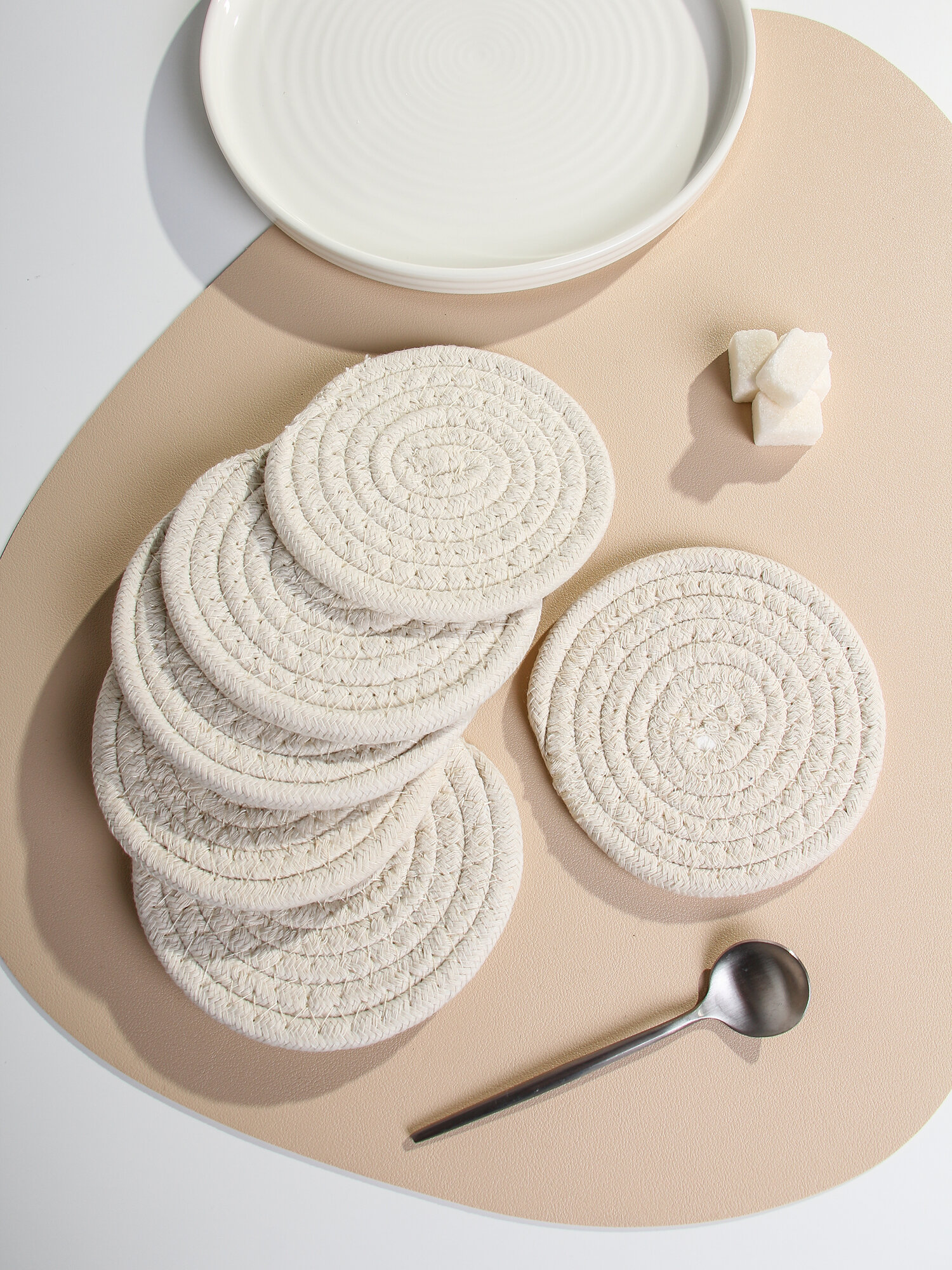Набор подставок для горячего Daniks Плетенка, 6 шт, хлопок, белые, 10 см, круглые кухонные аксессуары для сервировки стола