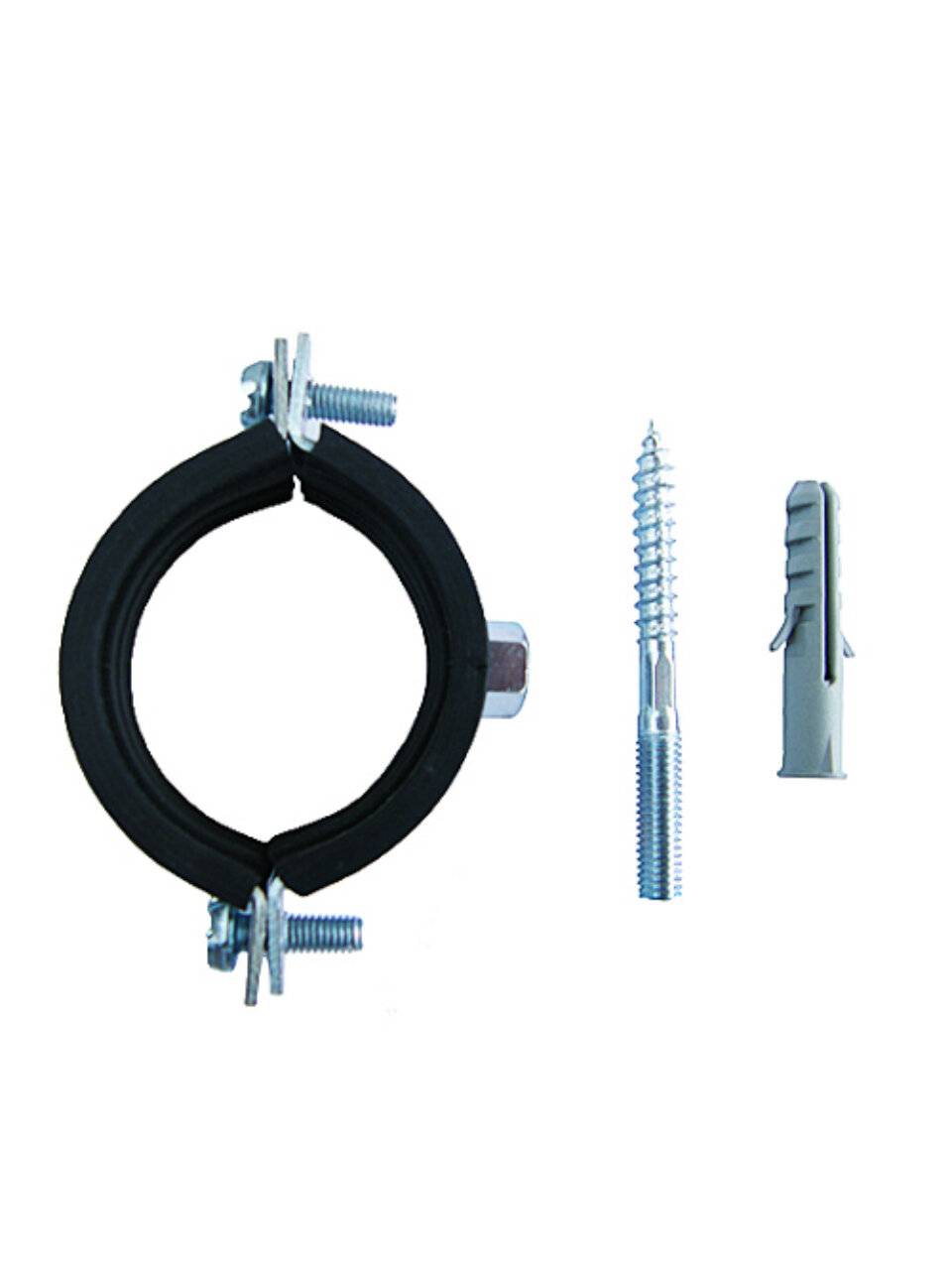 Хомут для крепления трубы STI 3/4 дюйма (25-28 мм), стальной оцинкованный, в комплекте со шпилькой M8 и дюбелем, 1 шт.