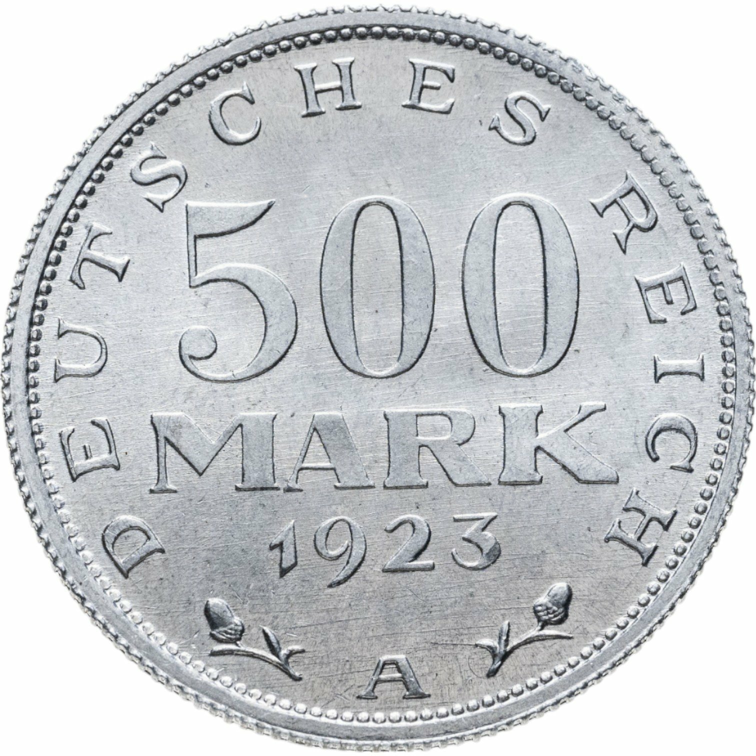 Германия 500 марок mark 1923, знак монетного двора "A" — Берлин, Алюминий, в сохранности UNC