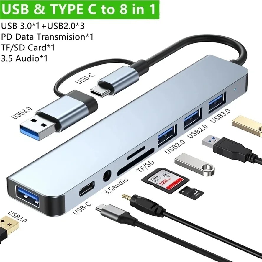 USB-C 8-в-1 концентратор: USB 3.0, USB 2.0, SD, Audio