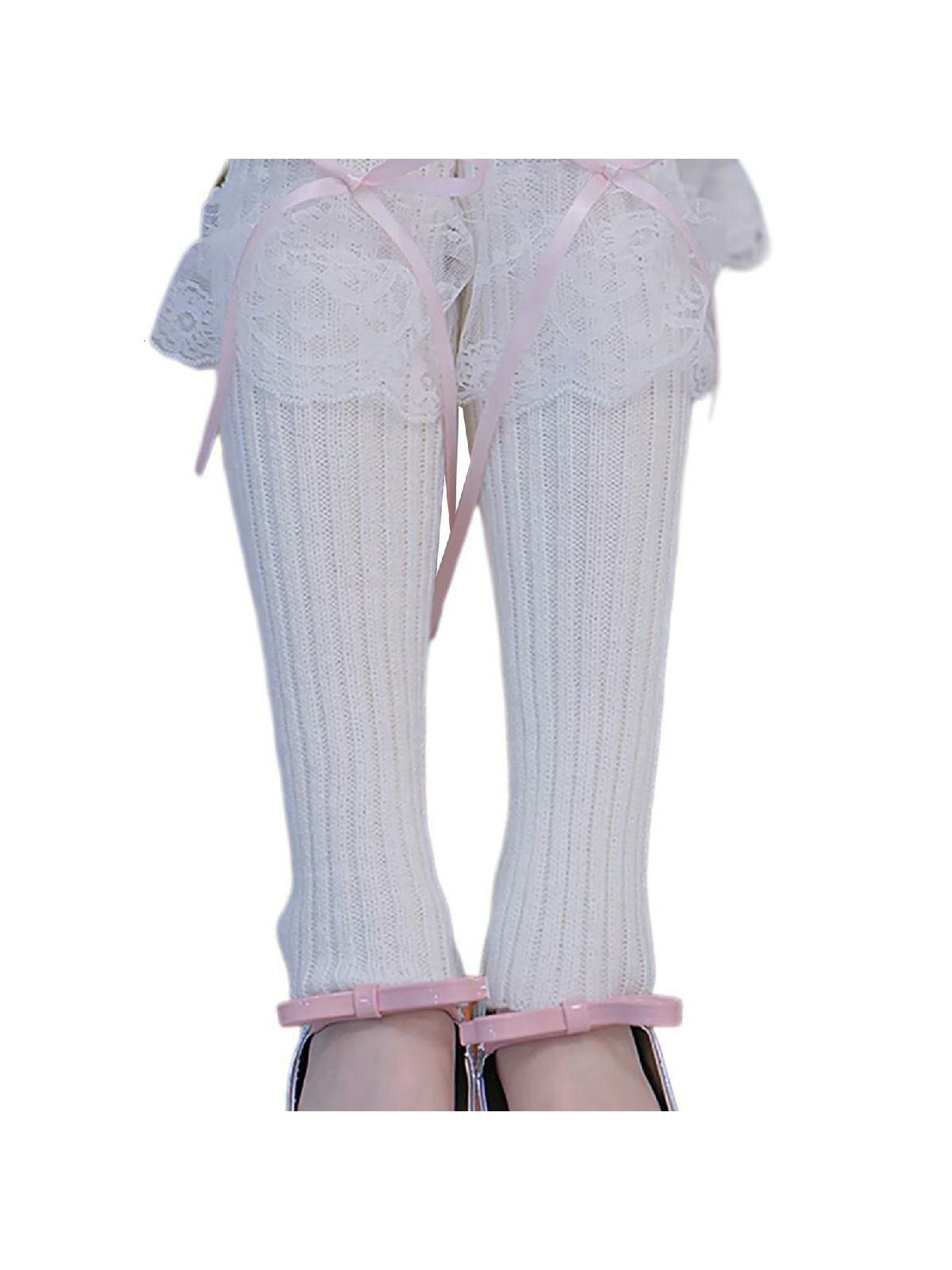 Женские вязаные гольфы с кружевной отделкой, Белый