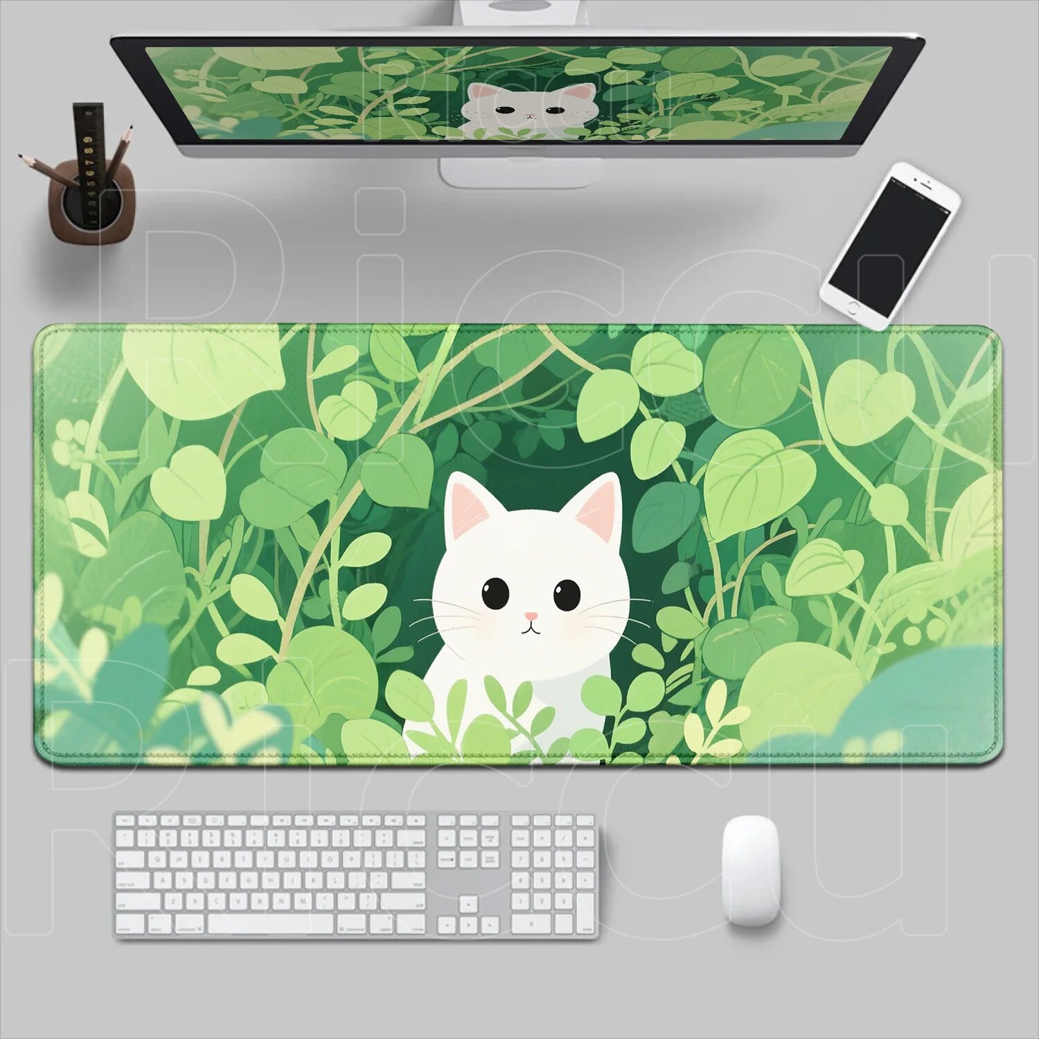 Большой размер, милый белый кот, растение, аниме, коврик для мыши, шкаф, настольный коврик, коврик для клавиатуры, игровой коврик для ПК, HD принт, компьютерный коврик для мыши
